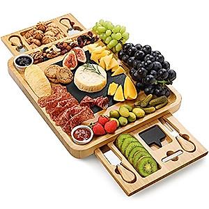 Easoger Large Charcuterie Board (28"×13"×1.6") with 2 Drawers, Bamboo Cheese Board with Knife Set, 2 Ceramic Bowl, Cutting Protection Natural Slate and Non-slip Feet, ideal for Housewarming Gift