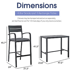 Soleil Jardin Outdoor Aluminum 5-Piece Bar Set, Dining Bistro Pub Set, Patio Bar Height Chairs with Cushion & Slatted High Top Table for Backyard Garden Pool, Dark Grey