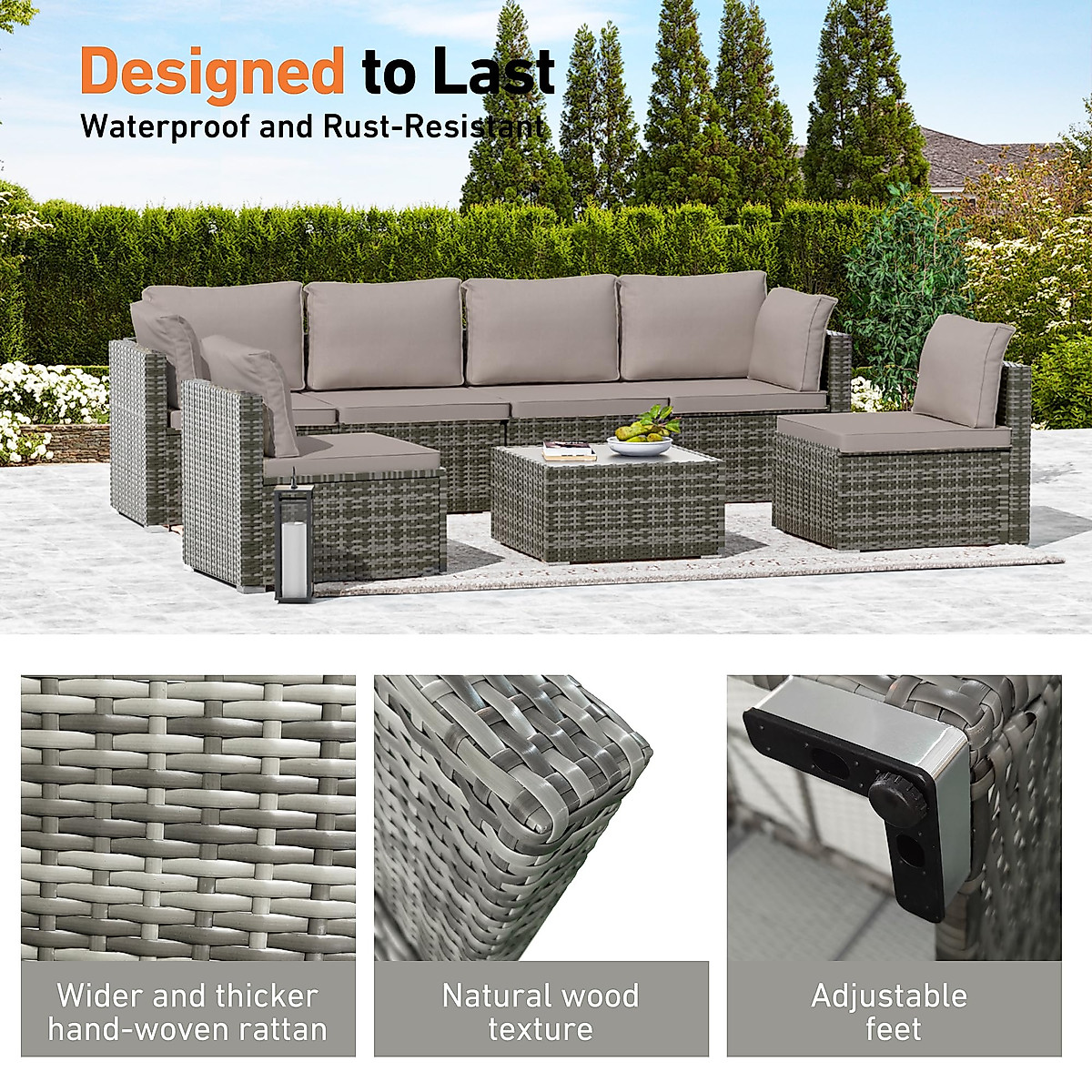 Covered Outdoor Patio Furniture Set, 7 Pieces Patio Furniture Sets with Glass Table, All-Weather PE Wicker Outdoor Couch Sectional Set, Outdoor Furniture Set for Garden/Patio/Ottoman, Grey