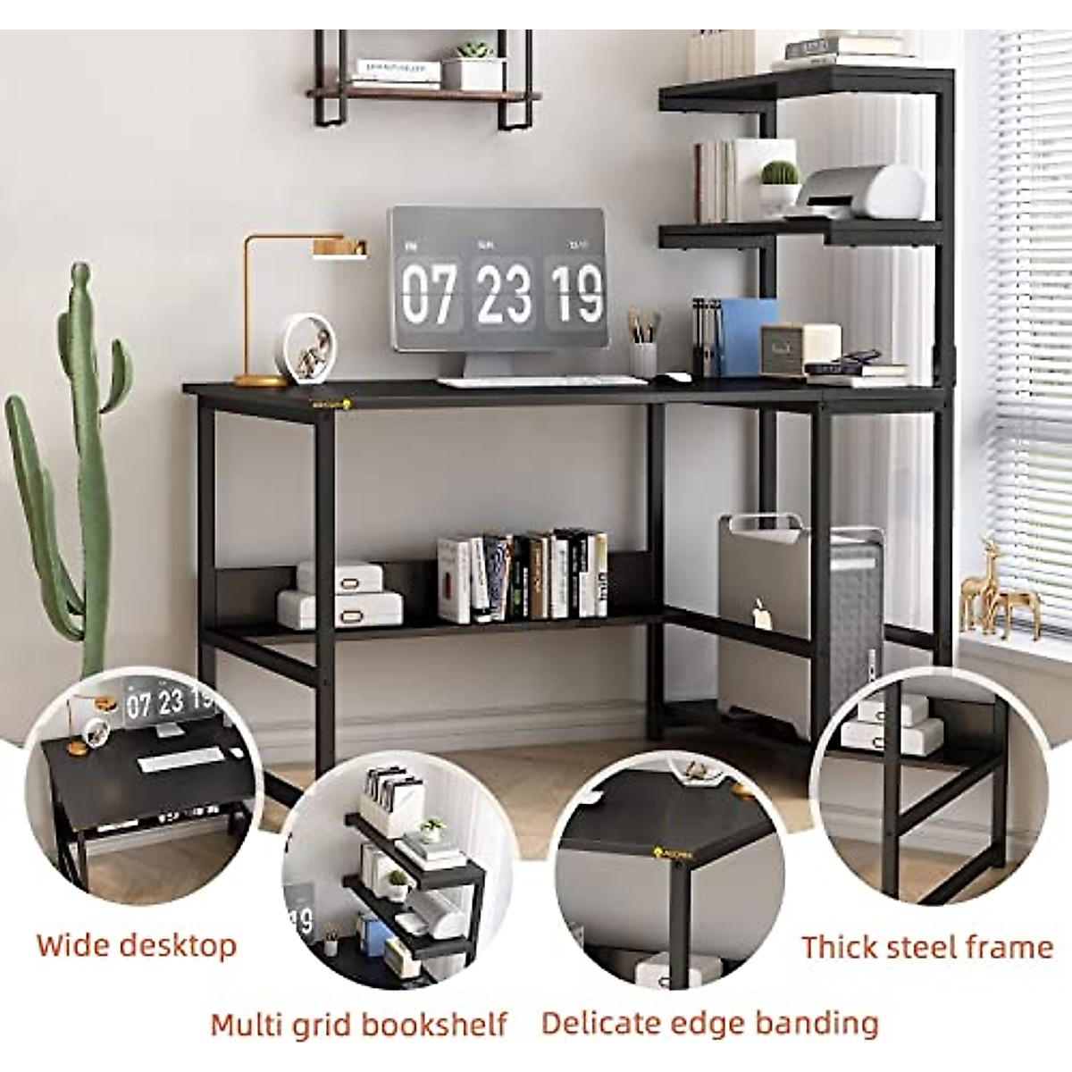 ALISENED Computer Desk with 4-Tier Storage Shelves, 43.3 inch Modern Large Office Desk Computer Table Studying Writing Desk Workstation with Bookshelf and Tower Shelf for Home Office