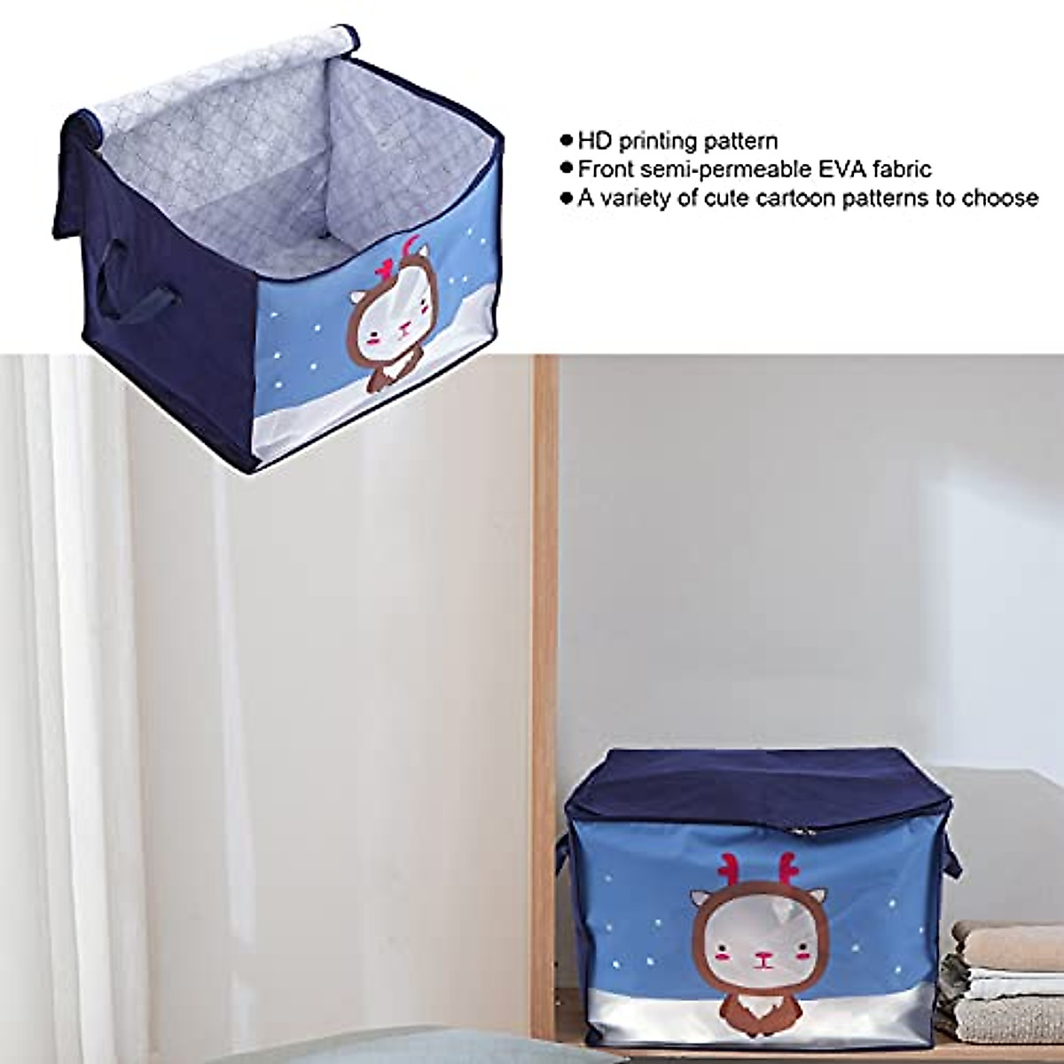 Clothes Storage Bag, Handle Design Double Zipper Non‑woven Fabric and PVC Fabric Clothes Storage Basket for Daily Storage Requirements for Storing Quilts(Cross section navy blue)