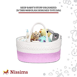 Baby Diaper Caddy Organizer Basket for Changing Table - Large Compact and Portable Woven Cotton Rope and Canvas Nursery Basket with 3 Divisions - Unisex Stylish GrayWhite - 14x8.5x7 Inches