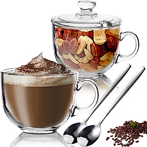 OULOVECO Glass Cereal Bowl Clear Oatmeal Bowl with Handle Spoon Clear Coffee Mug with Lids Microwave Safe Milk Breakfast Yogurt Bowl for Dessert Beverage Tea,400ml/13.5 oz,Set of (Clear)