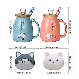 SHENDONG 2 Pack Cat Mugs Cute Ceramic Coffee Cups Set of 2 with Kawaii Bamboo Lid and Spoon Novelty Morning Cup Coffee Milk Tea Mugs - 3d Animal Cat Mugs for Cat Lovers Women Gifts(Blue and Red)