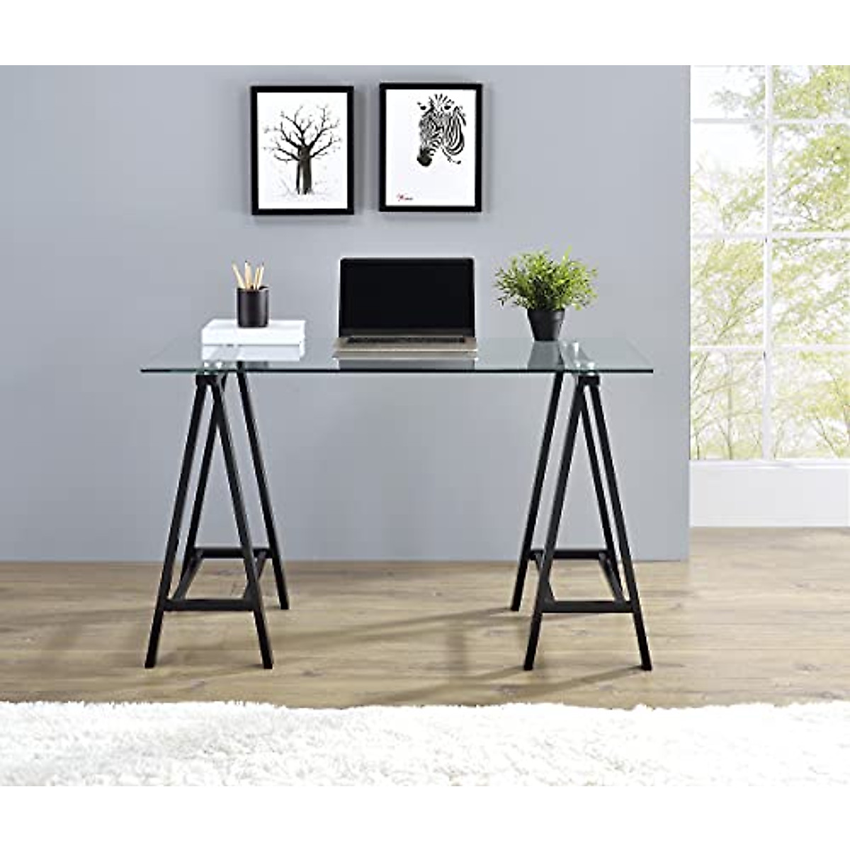 OSP Home Furnishings Middleton 47 Inch Desk with Clear Beveled Glass Top, Black Base