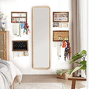 Jewelry Organizer Wall Mounted 4 Pack Rustic Wood Jewelry Display Organizer Holder with Hooks for Ear Rings, Necklaces and Bracelet(Hook + Stencil + Rings + Corkboard)