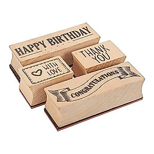 4-Piece Card Making Stamps Set - Wood Mounted Rubber Stamps for Card Making, DIY Crafts, Scrapbooking - Happy Birthday, Thank You, Congratulations, with Love