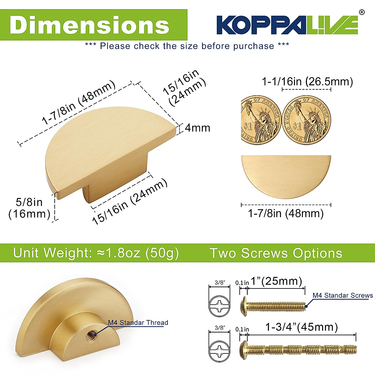 KOPPALIVE 5 Pack Solid Brass Dresser Drawer Pulls,Semicircle Kitchen Cabinet Knobs and Handles, Gold Knobs for Cabinet and Drawer, Modern Copper Furniture Handles, Brushed Finish Furniture Hardware