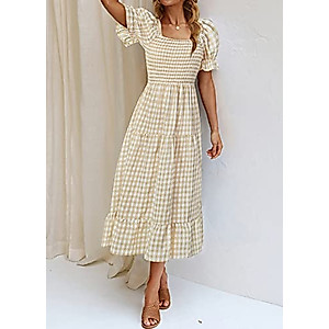 MEROKEETY Women's Plaid Square Neck Ruffle Puff Sleeve Midi Dress Summer Boho Backless Smocked Dress, Beige, Medium