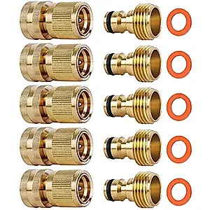 SHOWNEW Garden Hose Quick Connectors, Solid Brass 3/4 inch GHT Thread Easy Connect Fittings No-Leak Water Hose Male Female Value Pack (5)