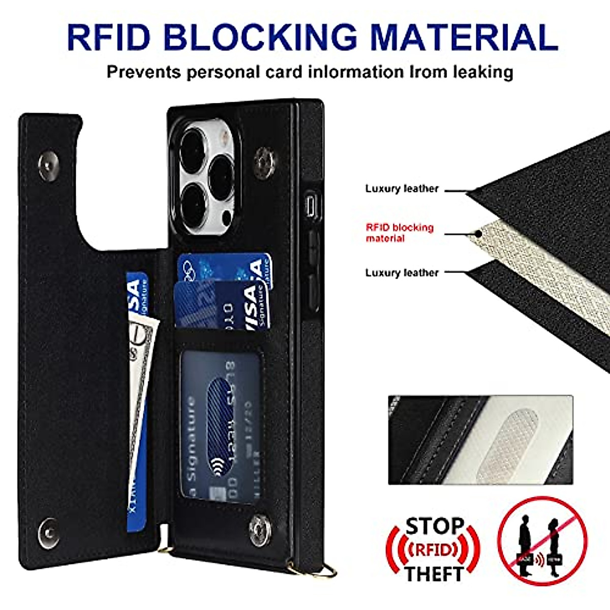 DEFBSC Compatible with iPhone 13 Pro Case, Crossbody Wallet Case, Adjustable Detachable Lanyard Neck Strap with Kickstand Leather Card Holder Protective Cover-Black