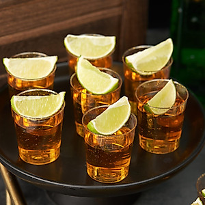 MATANA 200 Gold Glitter Shot Glasses 2oz - Elegant Clear Plastic Party Cups Tumblers for Wine Tasting, Food Sample, Dessert, Cocktail, Jello for Wedding, Reception, Girls' Parties, Birthday & Events