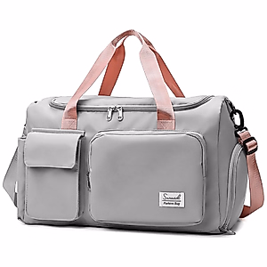 Suruid Travel Duffel Bag with Shoes Compartment Sports Gym Bag with Dry Wet Separated Pocket for Men and Women, Overnight Bag Weekender Bag Training Handbag Yoga Bag - Gray Pink