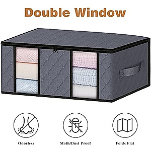 HomeHacks Storage Clothing Storage Bags, Storage Box Clothes Organizer with Clear Windows, Sturdy Handles Clothing Storage for Cloth, Toy, Bedding Storage, 3-Pack, Grey