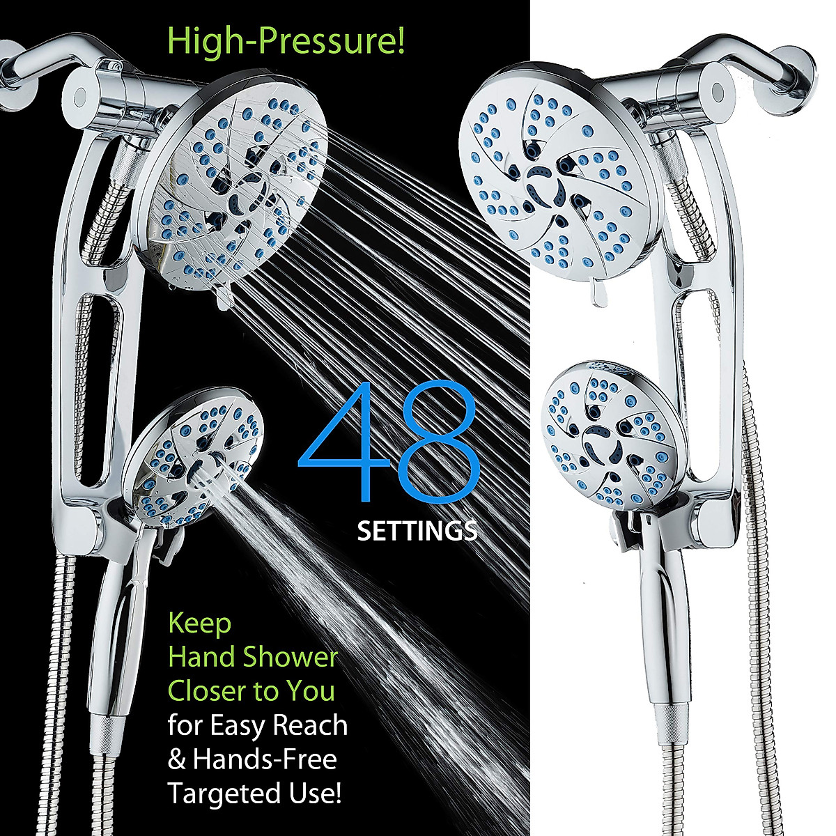 AquaCare Spa Station High Pressure 48-mode Rain & Handheld 3-way Shower Head Combo with Adjustable Arm - Anti-clog Nozzles, Extra-long 6 ft Stainless Steel Hose, Wall Bracket/All Chrome Finish