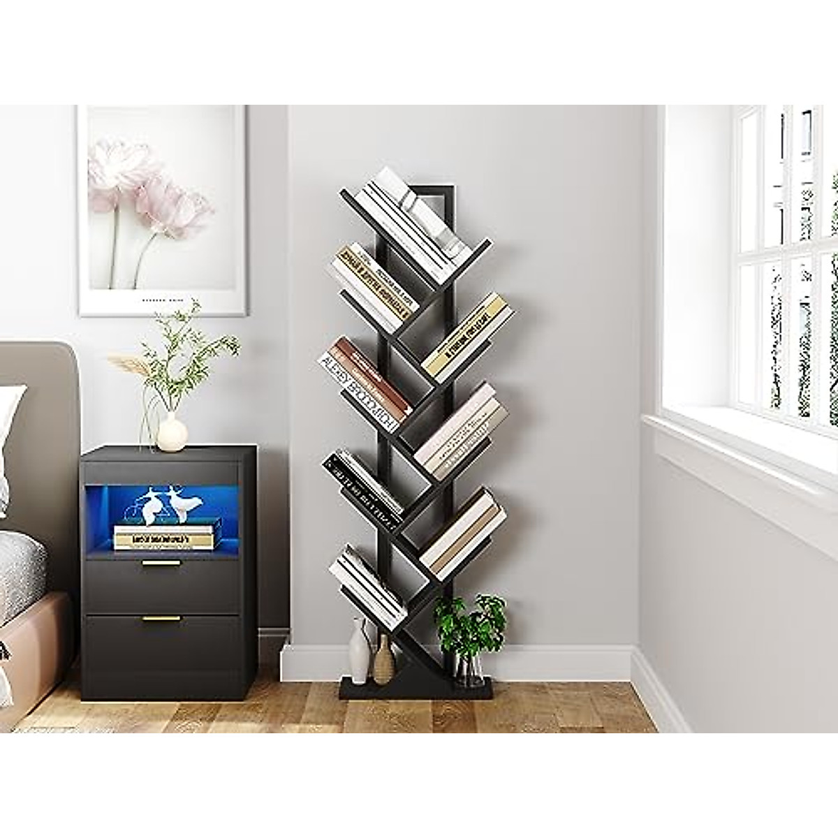 Yusong Tree Bookshelf, Geometric Bookcase with Steel Pipe for Living Room Bedroom, Floor Standing Books Shelves for Home Office (Black, 9 Tier)