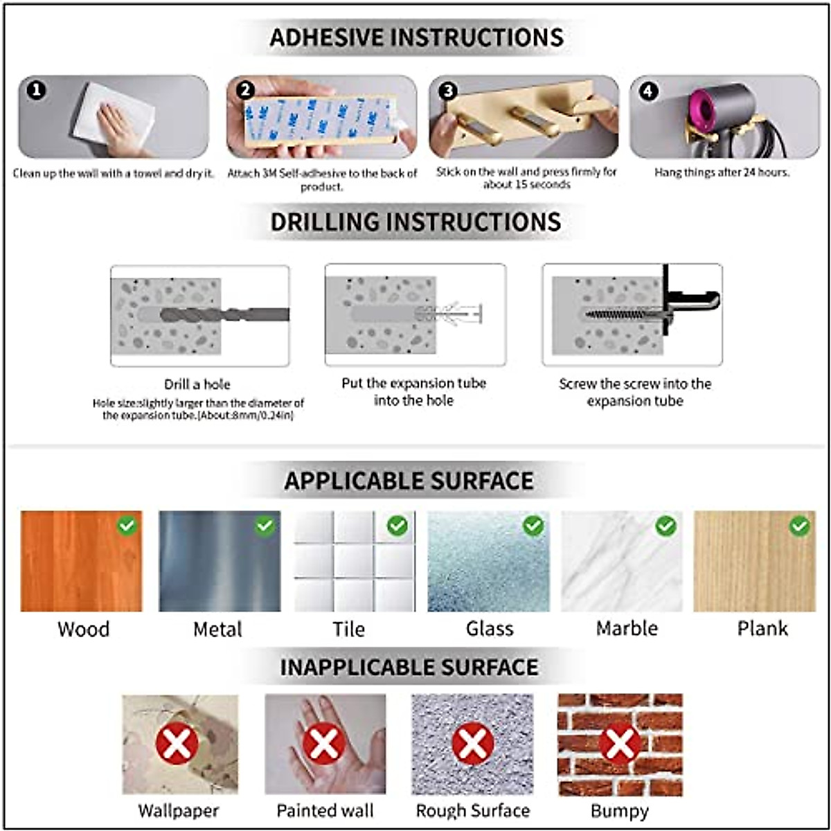 Hair Dryer Holder, SUS304 Adhesive Blow Dryer Holder Wall Mounted Compatible with Dyson Hair Dryer, Hair Dryer Organizer Dyson Hair Dryer Wall Mount