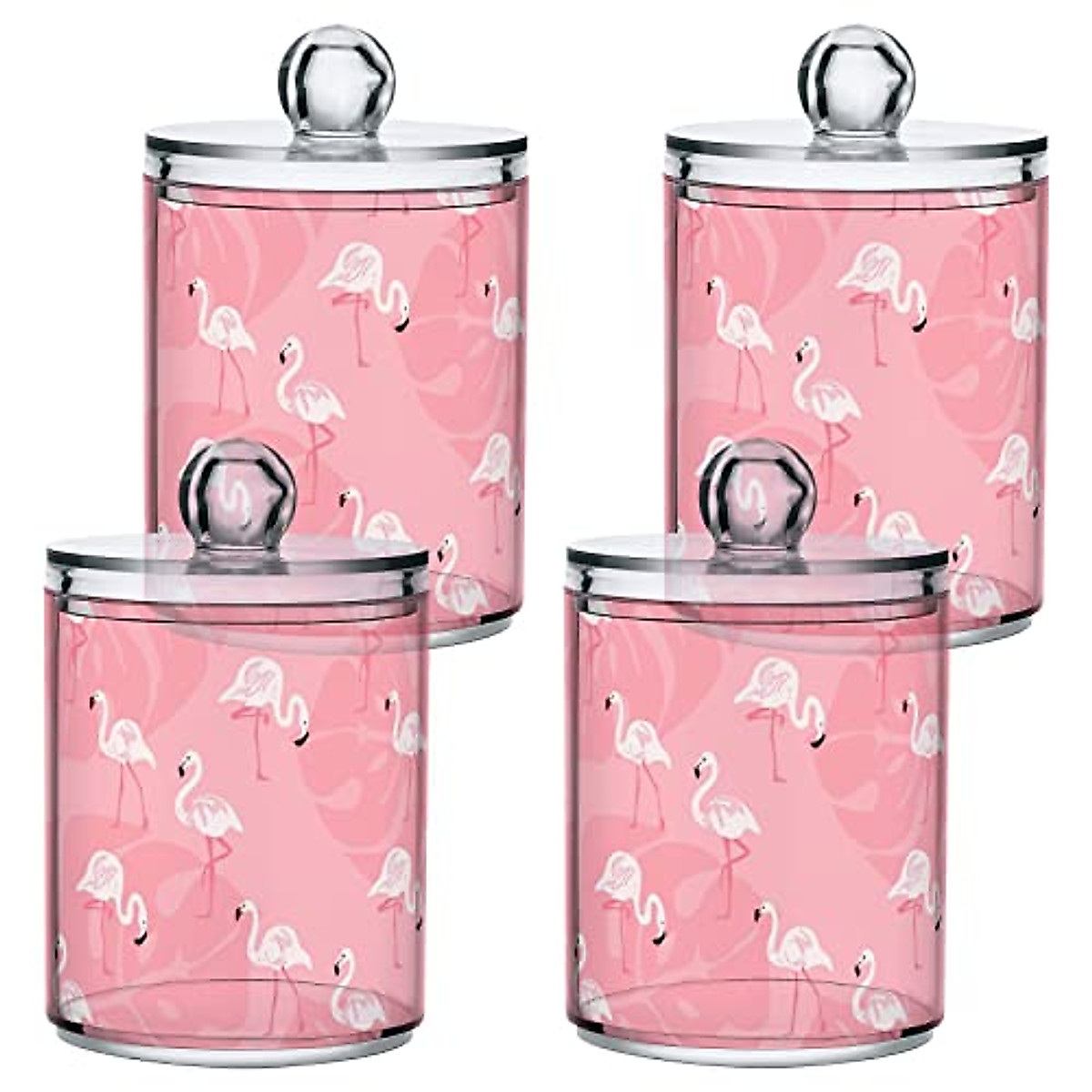 Kigai 4PCS Pink Flamingos Qtip Holder Dispenser with Lids - 14 oz Bathroom Storage Organizer Set, Clear Apothecary Jars Food Storage Containers, for Tea, Coffee, Cotton Ball, Floss