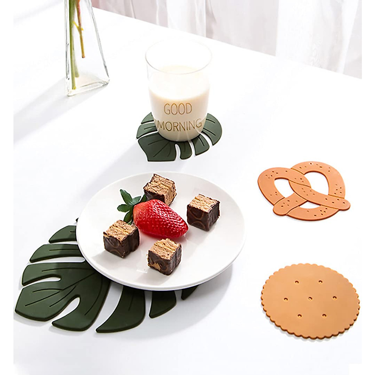 4 Pack Silicone Trivet Mat, Multi-Purpose Kitchen Hot Pot Holders, Heat Resistant Pot Mat for Countertop, Non-Slip Trivet Mats, Leaf Decor Table Mat