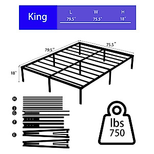 DERYONI 18 inch King Size Bed Frame No Box Spring Needed Heavy Duty Platform King Bed Frame Steel Slat Support 750lbs Easy Assembly Noise Free High Black Bed Frame King Size