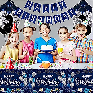 UOMNICUE Happy Birthday Tablecloths, 2 Pack Navy Blue and Silver Waterproof Stainproof Plastic Disposable Rectangle Birthday Table Cover for Kids Boys Girls Baby Shower Birthday Party Decorations
