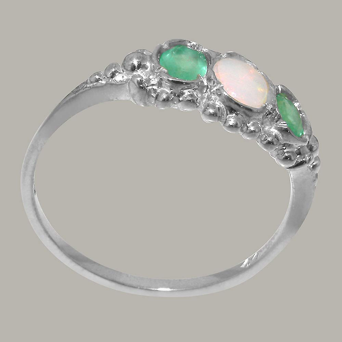 Stunning 925 Sterling Silver Natural Opal & Emerald Womens Engagement Ring - Size 8.5