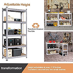 Timati Reversible Metal 5-Tier Adjustable Storage Shelving with Foot Pads, Heavy Duty Garage Shelving for Warehouse, Basement, Kitchen- Silver