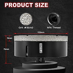 DT-DIATOOL Daimond Core Drill Bit 6 Inch Vaccum Brazed Hole Saw with 5/8"-11 thread Drilling for Procelain Tile Ceramic Stoneware Marble Granite Stone Brick
