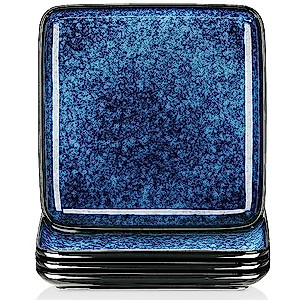 vancasso Stern Square Plate Set of 4, 10.5 Inch Dinner Plate, Reactive Change Glaze Blue Serving Plate