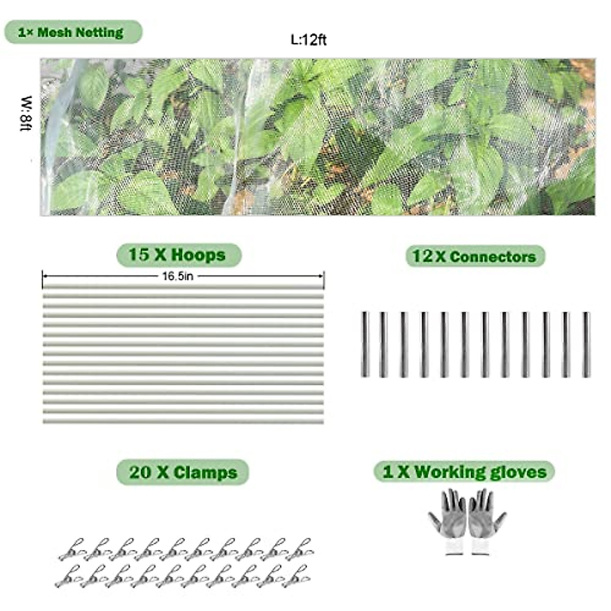 Garden Mesh Netting Kit,8x12 Ft Plant Protection Mesh Netting with 15pcs Greenhouse Garden Hoops,Ultra Fine Mesh Netting Cover for Vegetable Plants,Pest Animals Birds Barrier Garden Netting Kit