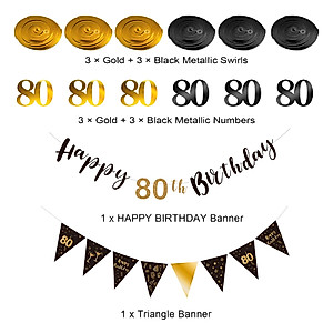 80th Birthday Decoration Kit, Happy 80th Birthday Banner Bunting Swirls Streamers, Triangle Flag Banner for Birthday Party Decorations Supplies Black and Gold 80th