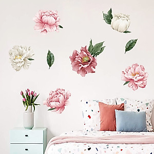 decalmile 6 Large Peony Flower Wall Decals Garden Floral Wall Stickers Bedroom Living Room Home Office Wall Decor Gift for Mom