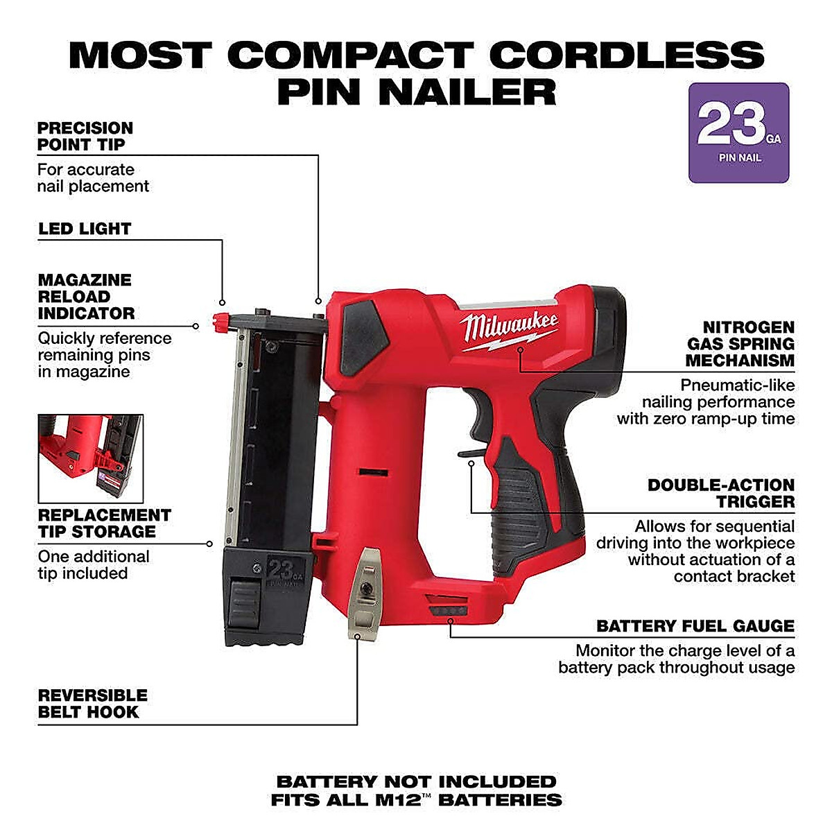 2540-20 M12 12V 23 Gauge Compact Cordless Pin Nailer - Bare Tool