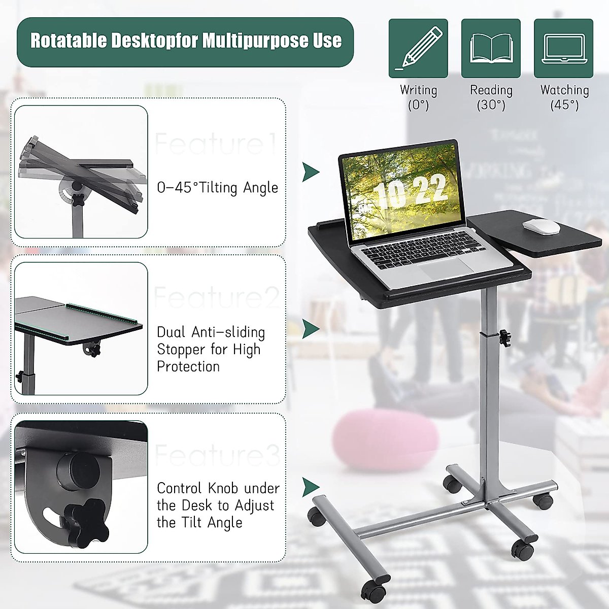 COSTWAY Rolling Laptop Stand, Mobile Laptop Tray and Cart with 45 °Degree Swivel Tilting Tabletop, Height Adjustable Mobile Podium from 24.5'' to 36'', Overbed Computer Workstation Table for Sofa, Bed