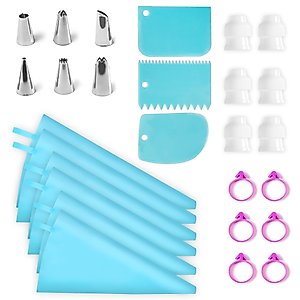 Riccle Reusable Silicone Piping Set - 27 Pcs Cake Decorating Kit With 6 Pastry Bags, Couplers, Frosting Tips, Bag Ties & Cake Scrapers