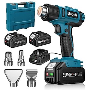 Cordless Heat Gun, Uaoaii 21V Hot Air Gun w/ 2x 4.0Ah Rechargeable Battery, 4 Nozzle, Led Light & Suitcase, 2-Temp Setting Max 1022°F(550°C) Heat Gun for Crafts, Shrink Tubing, Resin & Decorating