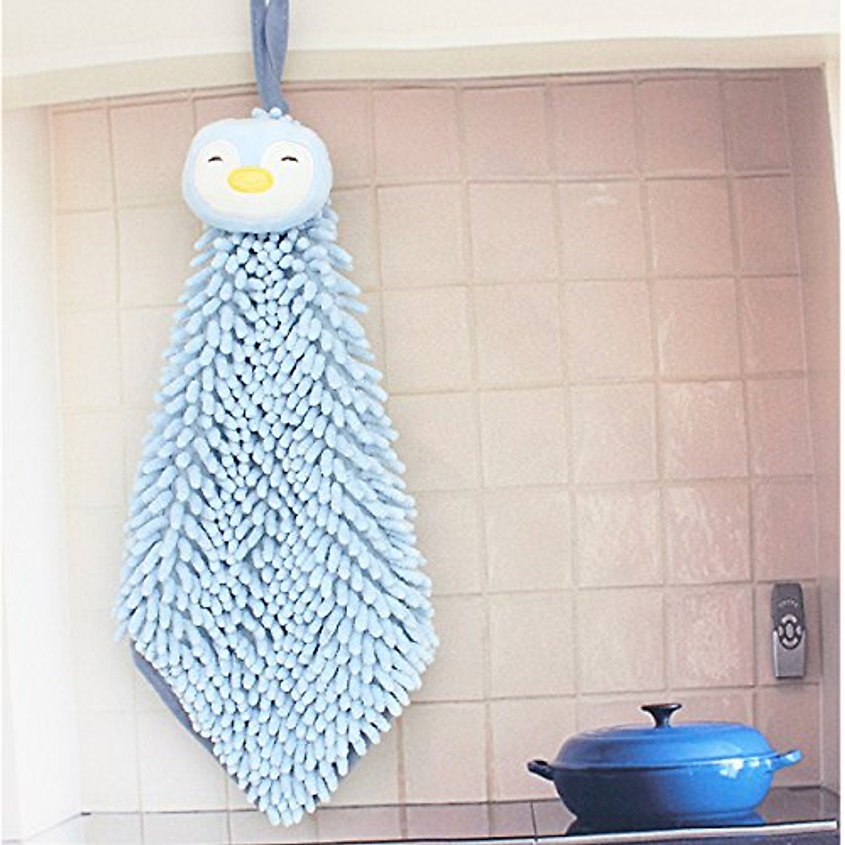 WINGOFFLY 3pcs Absorbent Hand Towel Set Chenille Microfiber Soft Kitcken Wash Towel with Rope Hanging, Pig + Owl + Penguin