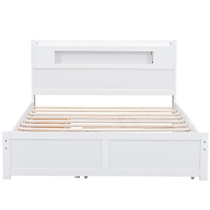 Okak Queen Size Bed Frame with Trundle - Wood Platform Bed with LED Lights Headboard 2 Storage Drawers and Twin Trundle Bed,White