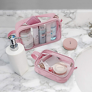 GAGAKU 2pcs Clear Toiletry Bag TSA Approved Travel Toiletry Bags Liquid Bag with Handle Strap, Waterproof Transparent Makeup Cosmetic Bags for Women - Light Pink