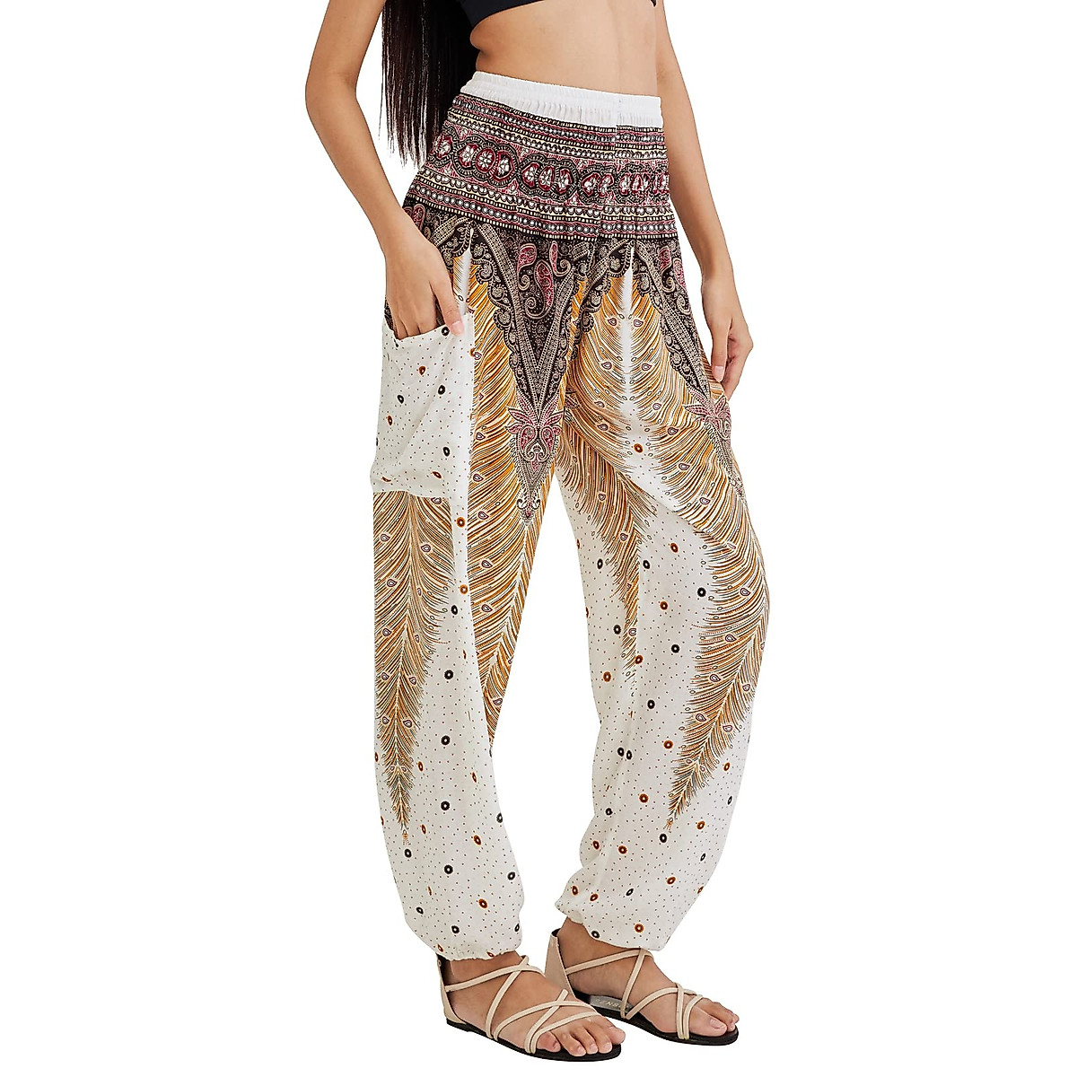 Joob Joob Boho Pants for Women - Hippie Harem Pants Women - Womens Yoga Pants – Comfy Bohemian Flowy Hippie Clothes - Medium White