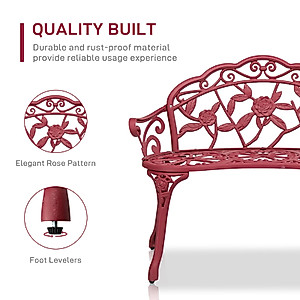 CIPACHO Outdoor Cast Aluminum Patio Bench, Garden Bench with Curved Legs Rose Pattern,Porch Bench Chair for Park Balcony Backyard Outdoor Furniture (Red)