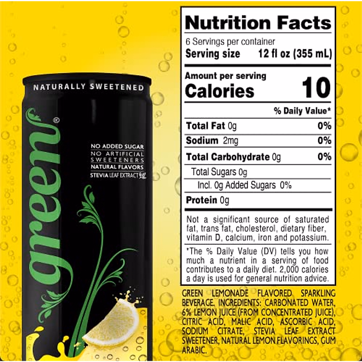 Green Lemonade - No added Sugar, 6% Real Lemon Juice, 10 Calories per can, Naturally Sweetened with 100% Stevia Leaf Extract, Carbonated Soda, 12 Fl Oz each can - Pack of 12