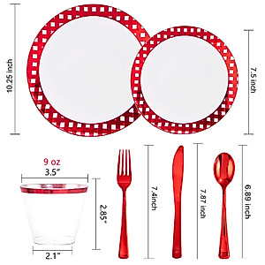 Morejoy 150PCS Christmas Plates Plastic - Red White Plastic Plates Disposable, Includes: 25 Dessert Plates, 25 Dinner Plates, 25 Knives, 25Forks, 25 Spoons, 25Cups Perfect for Chrismtas Party