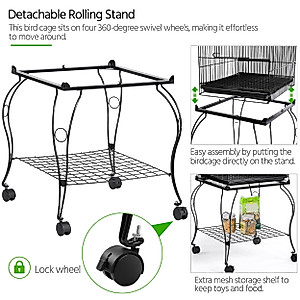 Yaheetech 57-Inch Rolling Open Top Roof Bird Cage for Mid-sized Parrots Cockatiels Caique Quaker Monk Indian Ring Neck Green Cheek Conure Middle bird Cage with Detachable Stand