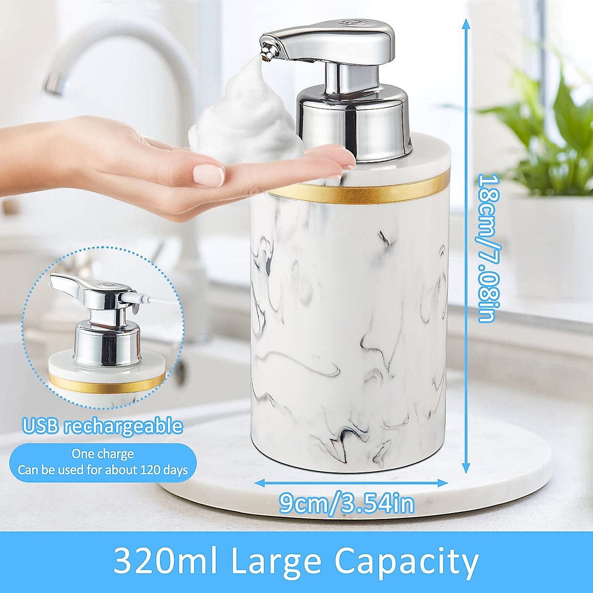 Automatic Soap Dispenser-Foaming Hand Soap Dispenser-Rechargeable Electric Automatic Soap Dispenser Touchless-Foam Hand Touchless Soap Dispenser for Bathroom,Kitchen(11oz/320ml)