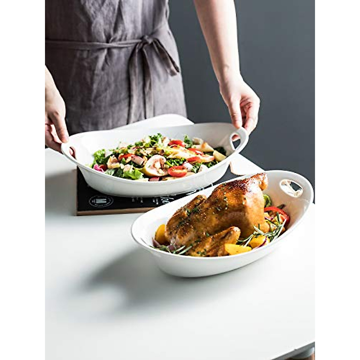 YHOSSEUN Large Serving Bowl with Handles Set Oval Serving Platter 1.5 Quarts Set of 2 White