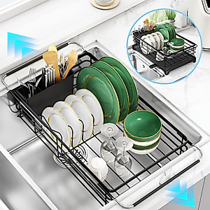 Dish Drying Rack in Sink Stainless Steel Dish Racks for Kitchen Counter Expandable Dish Drainer with Removable Utensil Holder Black