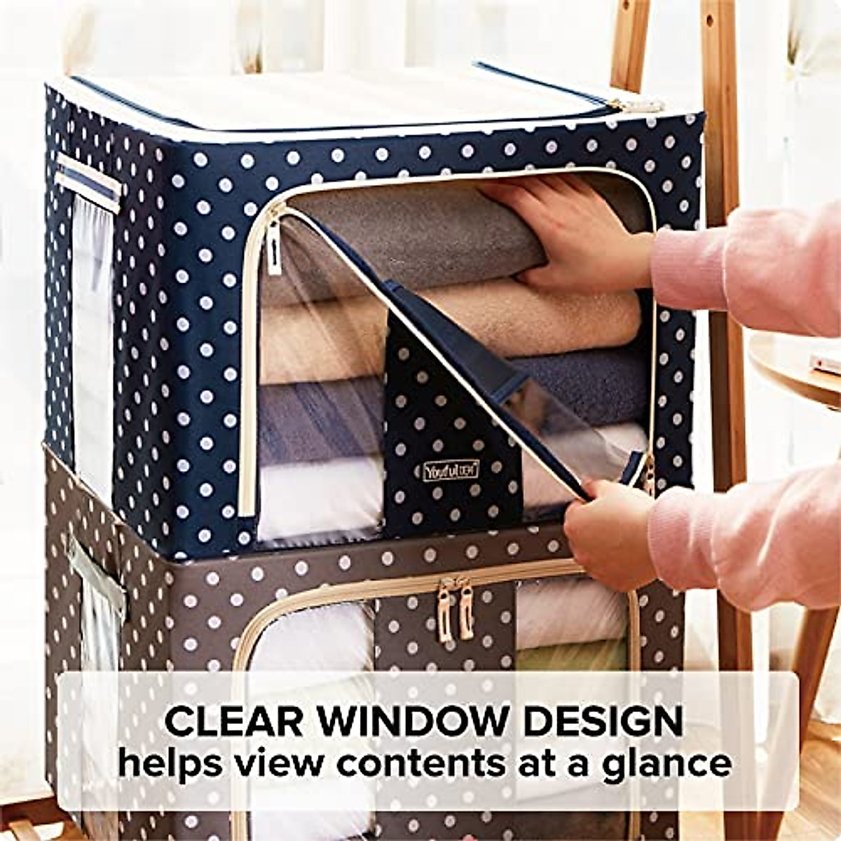 Oxford Fabric Storage Box with Steel Frame,Foldable Stackable Container Organizer with Large Window & Carry Handles Bedroom Closet Organization for Clothes Bedding Sheets Blanket Pillow