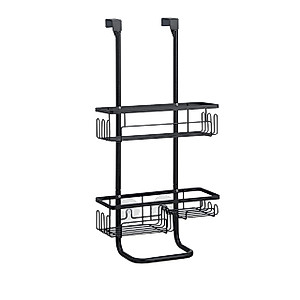 SunnyPoint Classic Metal Bathroom Shower Caddy, Over Door Hanging Storage Organizer Basket (Standard, Black)