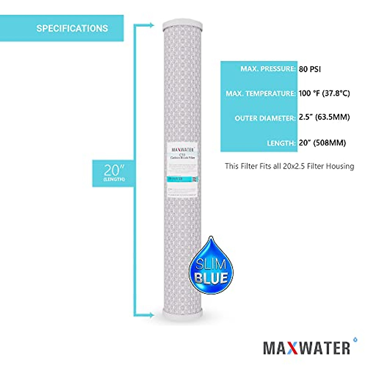 (4 Pack) 20" x 2.5" Carbon Block Water Filter Whole House Reverse Osmosis CTO Carbon 5 Micron compatible with 20" Slim Blue Whole House Water Filtration Systems